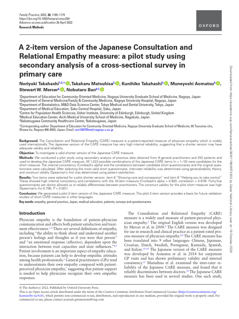 A 2 Item Version Of The Japanese Consultation And Relational Empathy