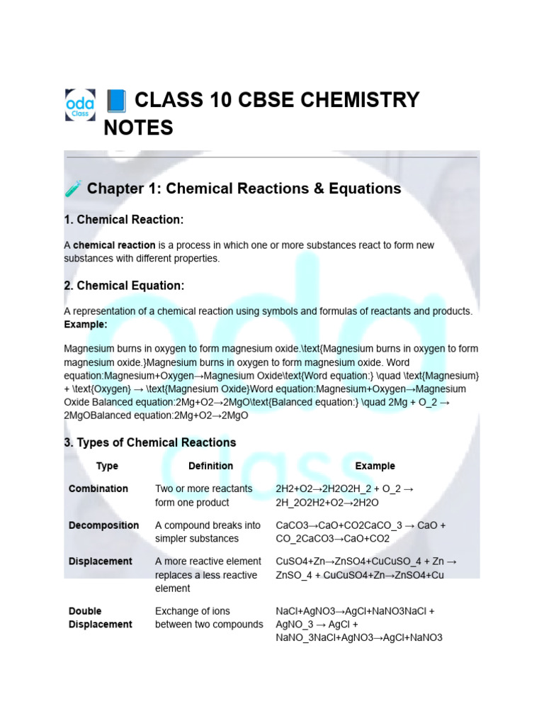 CBSE Class 10 Chemistry Notes | PDF | Redox | Chemical Reactions