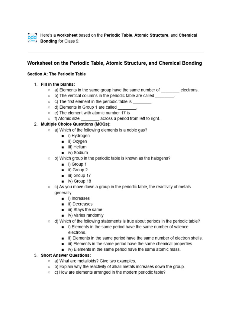 _the Periodic Table, Atomic Structure, And Chemical Bonding for Class 9 ...