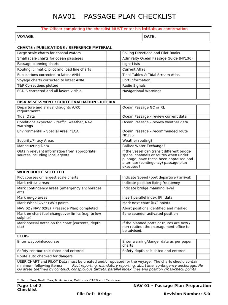 Nav 01 - Passage Plan Checklist | PDF | Navigation
