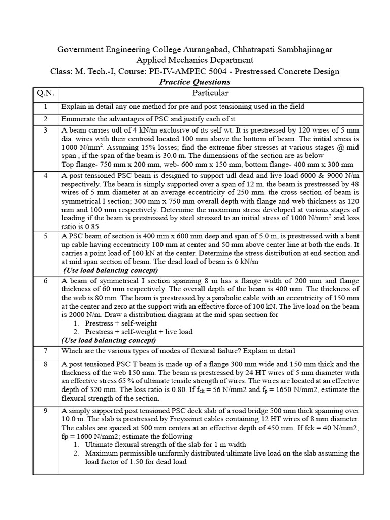 Prestressed Concrete Design Questions | PDF | Beam (Structure) | Stress ...