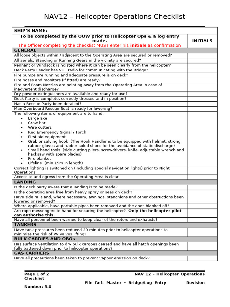 nav 12- helicopter operations checklist | PDF | Helicopter