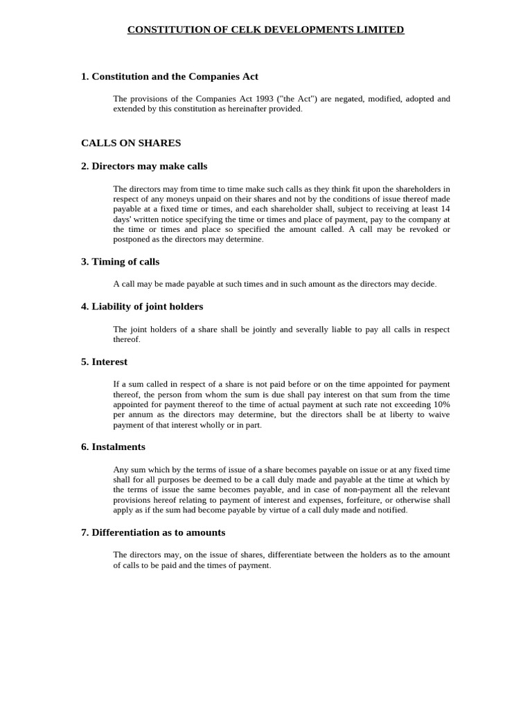 Constitution of Celk Developments Limited | PDF | Dividend | Liquidation