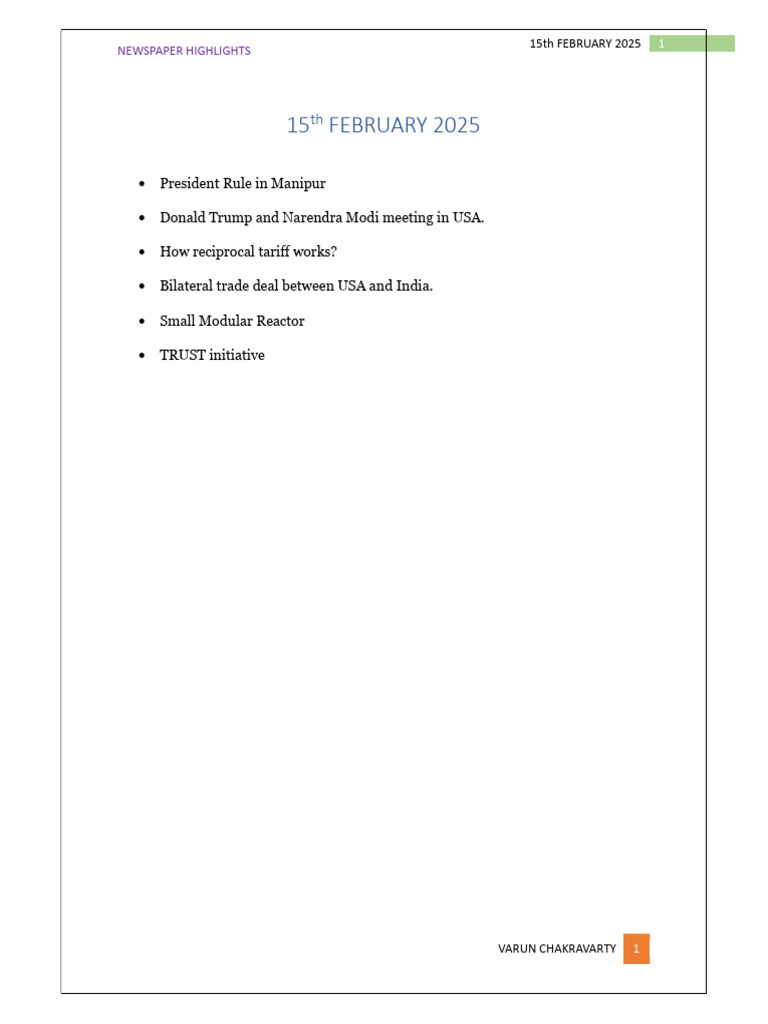 15th February Newspaper Highlights | PDF