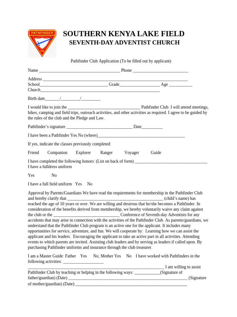 pathfinder registration form | PDF | Seventh Day Adventist Church