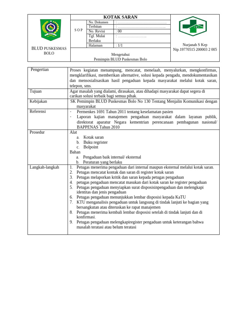SOP-Kotak-Saran Fix | PDF