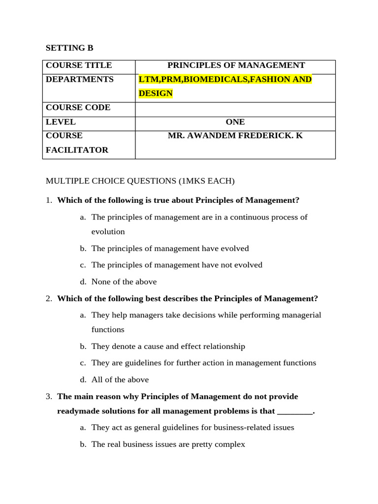 Principles of Management MCQs and Questions | PDF | Business | Economies