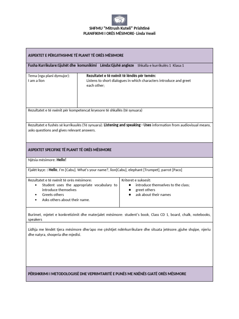 Plani Ditor Klasa 1 | PDF