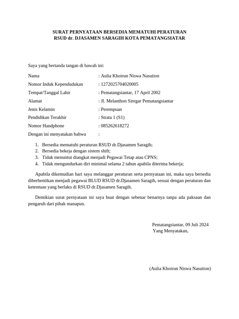 Surat Pernyataan Rsud | PDF
