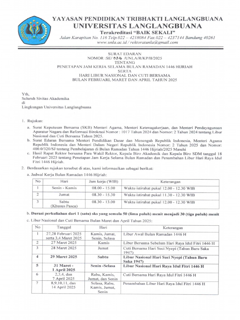 Surat Edaran Bulan Ramadhan Hari Libur Dan Cuti Bersama 2025 | PDF
