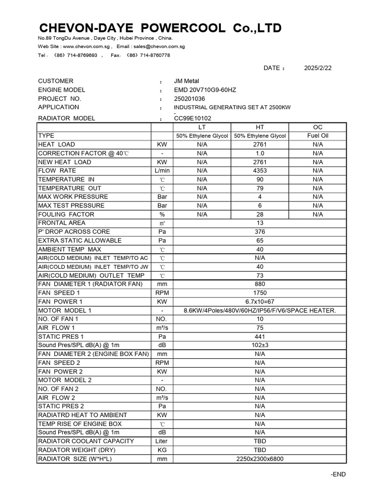 EMD 20-710G9-60HZ-2500KW-40 Remote Horizontal Radiator Design Data ...
