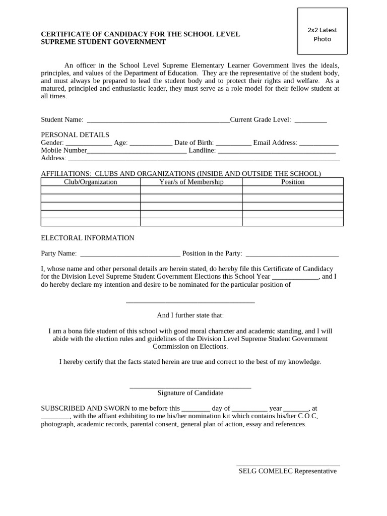 Certificate of Candidacy For The Supreme Student Government | PDF