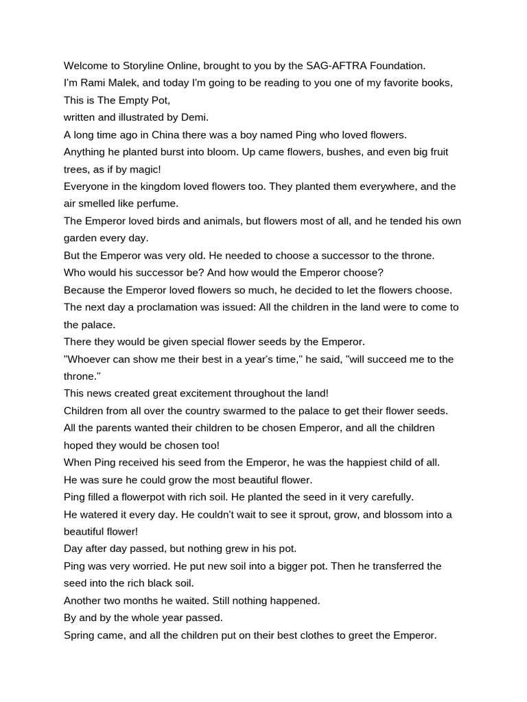The Empty Pot: Storyline Online Reading | PDF | Flowers