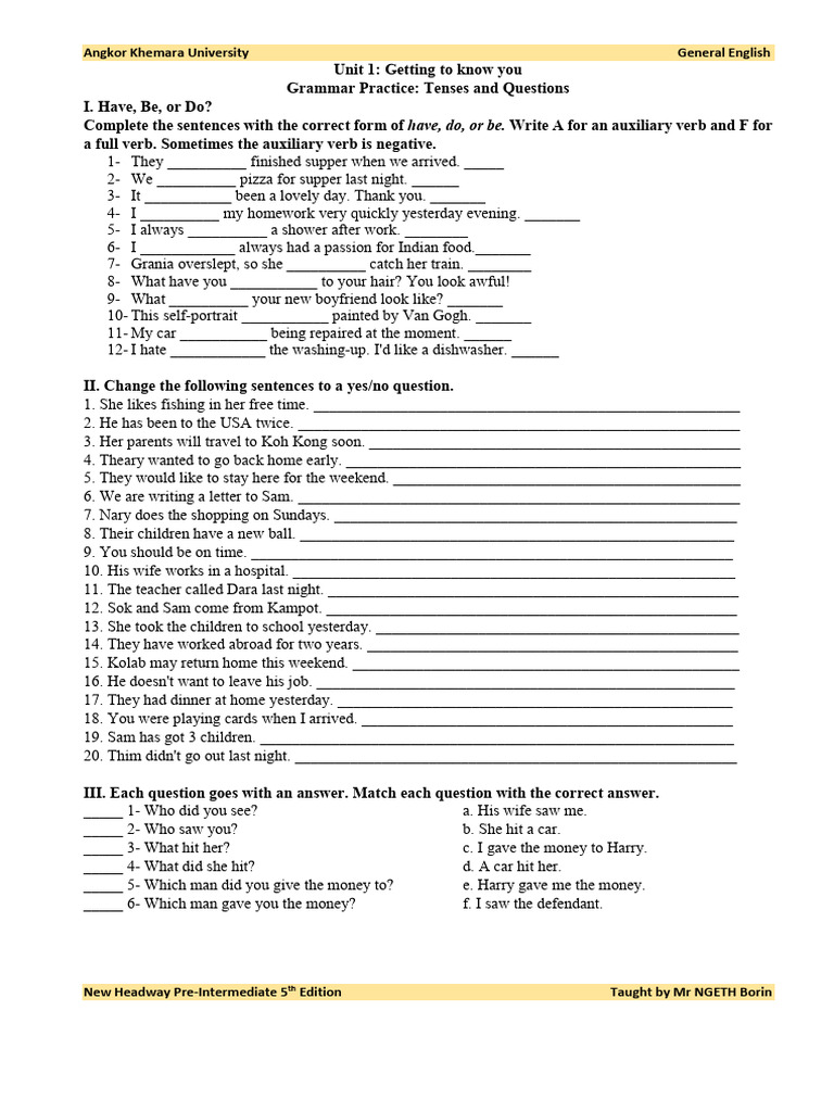Grammar Practice, Unit 1&2 | PDF
