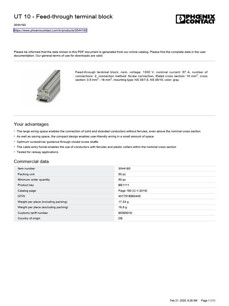 UT 10 Feed-Through Terminal Block Specs | PDF | Electrical Components ...