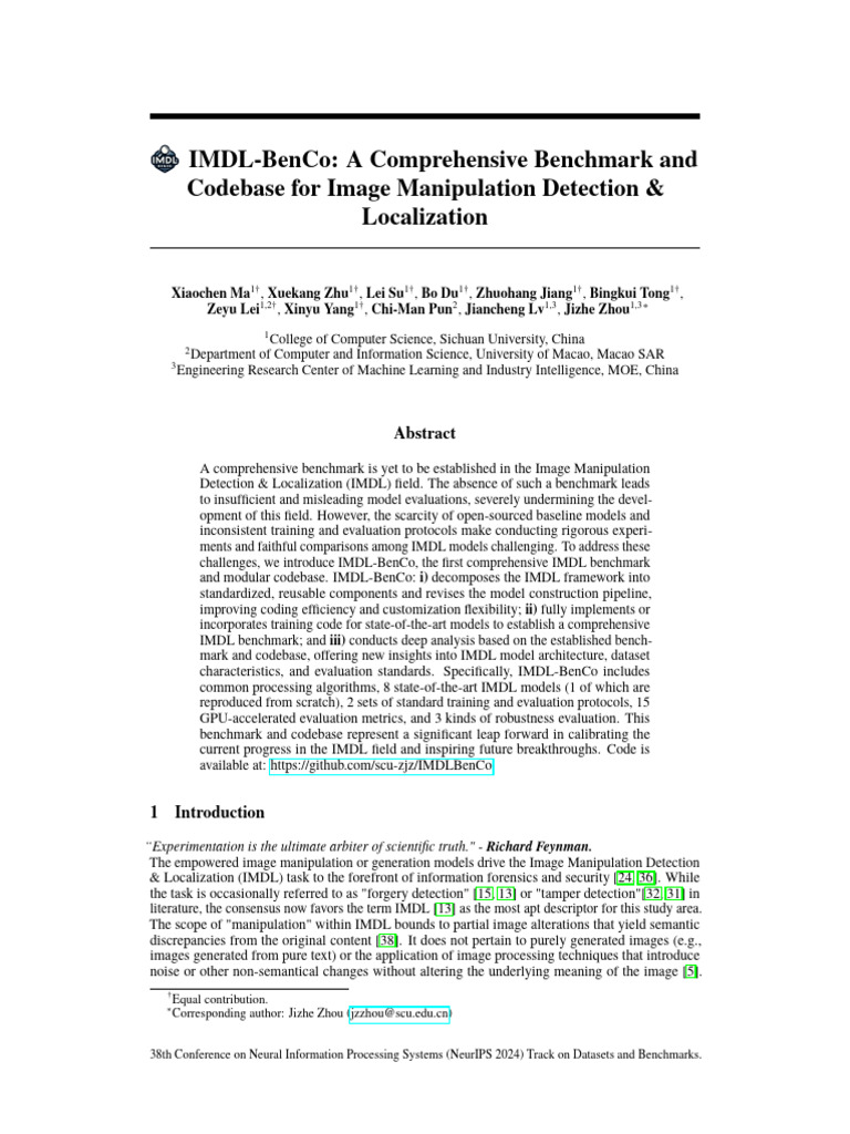 NeurIPS 2024 Imdl Benco a Comprehensive Benchmark and Codebase for Image Manipulation Detection ...