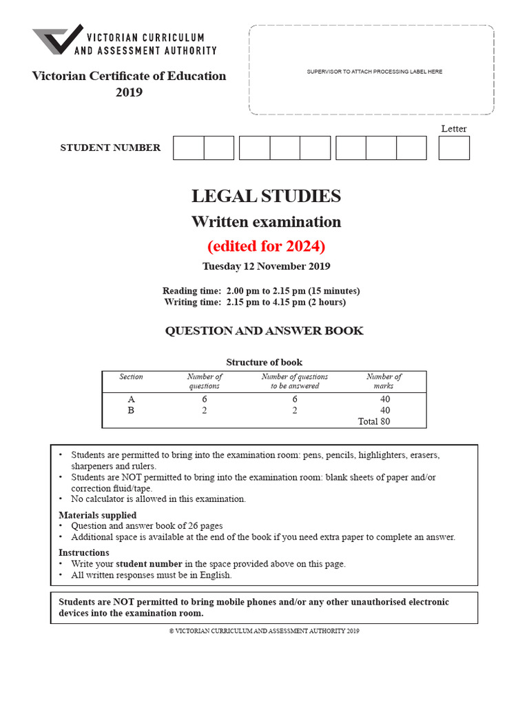 2019 VCAA Exam (Edited For 2024) | PDF | Plea | Defamation