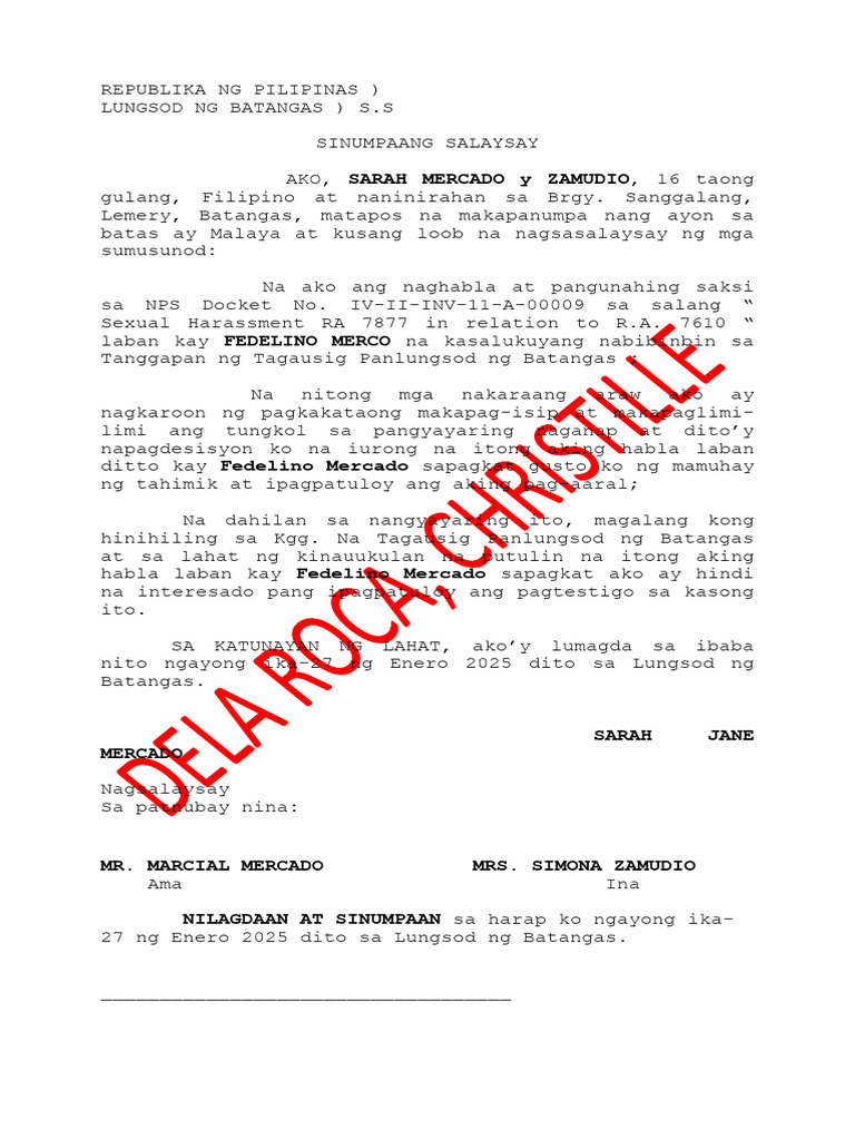 Affidavit of Desistance.Tagalog Version. DELA ROCA | PDF