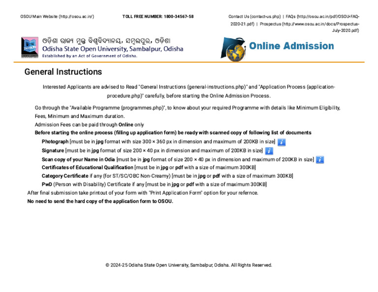 General Instructions - Online Admission OSOU | PDF