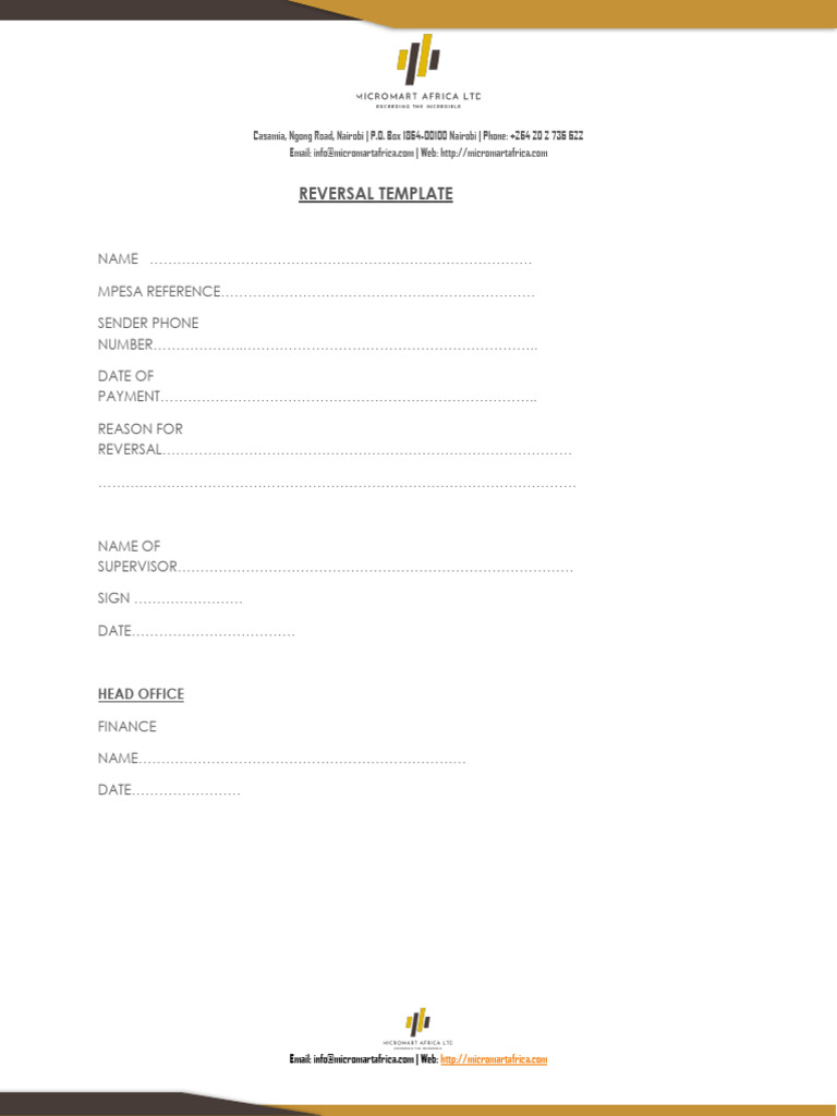 MPESA Payment Reversal Form Template | PDF