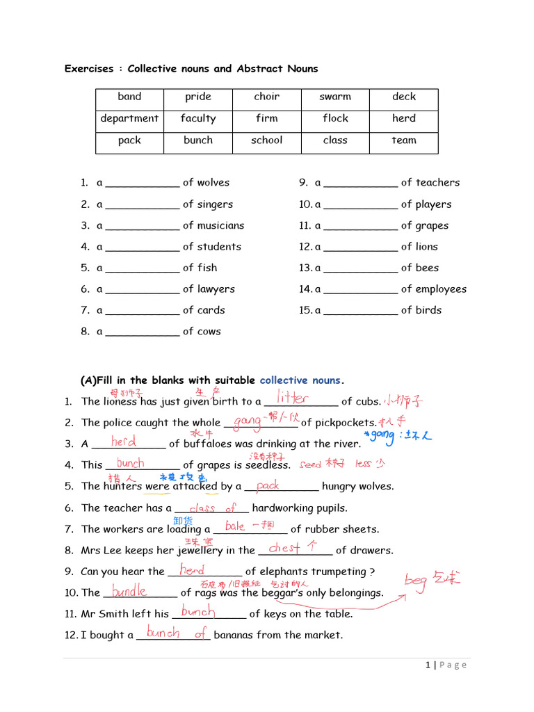 Collective and Abstract Noun Exercises | PDF | Adjective | Linguistic ...