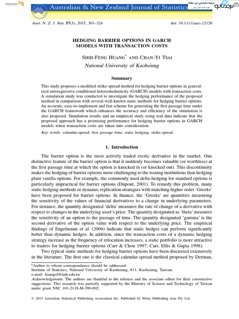 Hedging Barrier Options in GARCH Models With Transaction Costs | PDF | Option (Finance) | Greeks ...