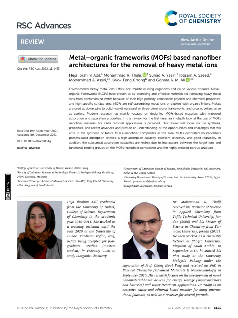 Metal-Organic Frameworks (MOFs) Based Nanofiber Architectures For The Removal of Heavy Metal ...