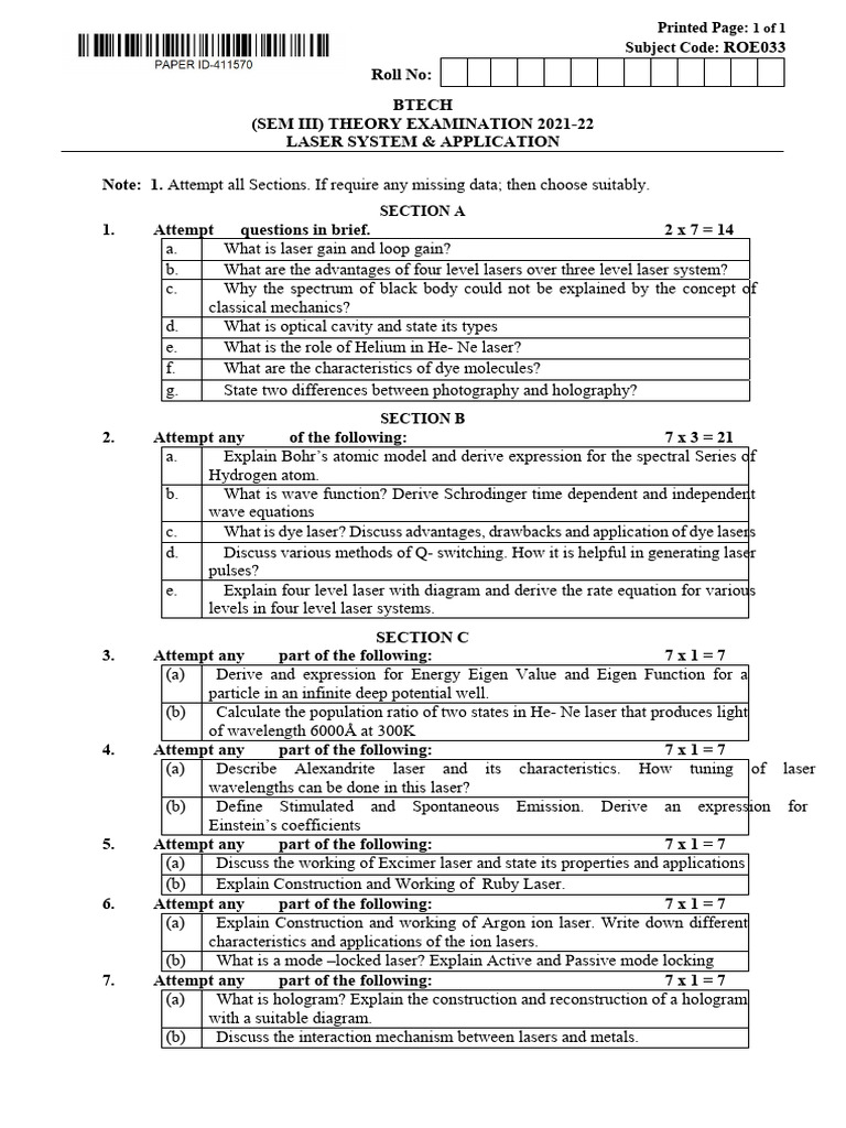 Btech Oe 3 Sem Laser System and Application Roe033 2022 | PDF | Laser ...