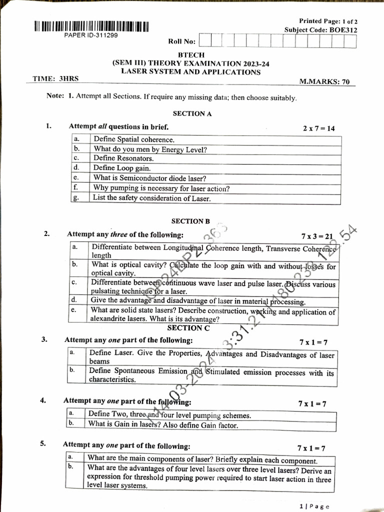 Boe312 - Odd - 2023-23 Paper | PDF | Laser | Coherence (Physics)