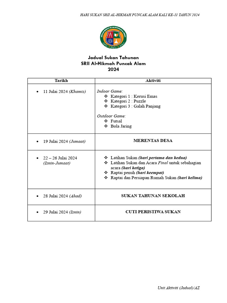Jadual Sukan Tahunan 2024 | PDF