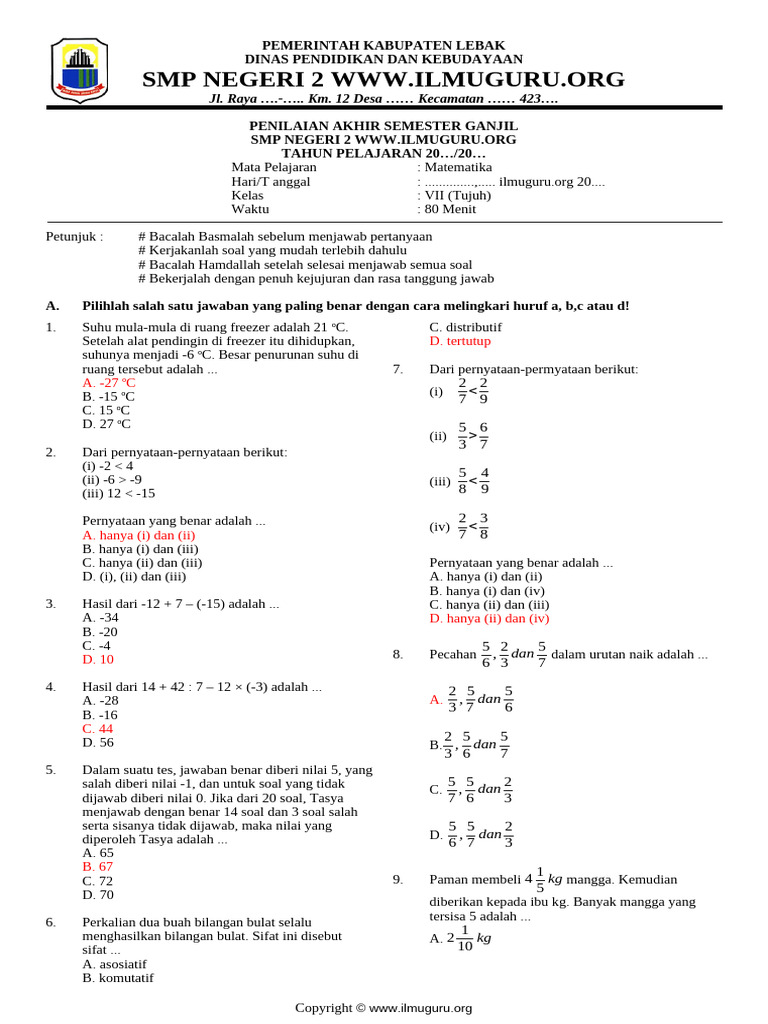Ilmuguru - Org - Soal PAS Matematika Kelas 7 Semester 1 Tahun 2020 | PDF