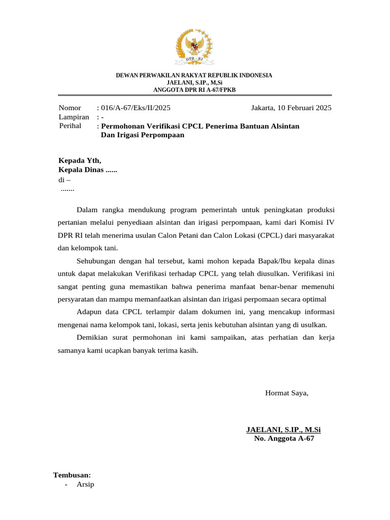 Surat Permohonan Verifikasi CPCL | PDF