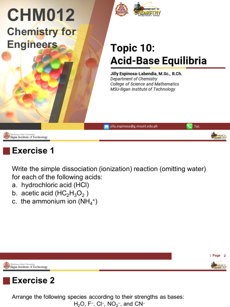 Topic 10 - Acid-Base Equilibria Exercises | PDF | Acid | Ph