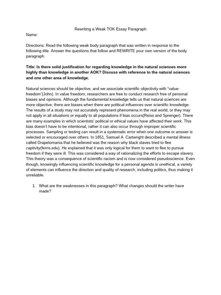 Rewriting A Weak TOK Essay Paragraph | PDF | Knowledge | Science