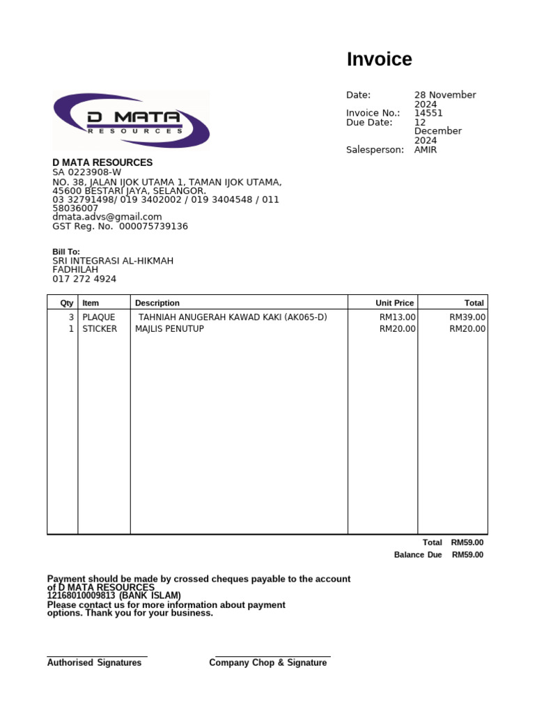 Invoice for D Mata Resources Services | PDF