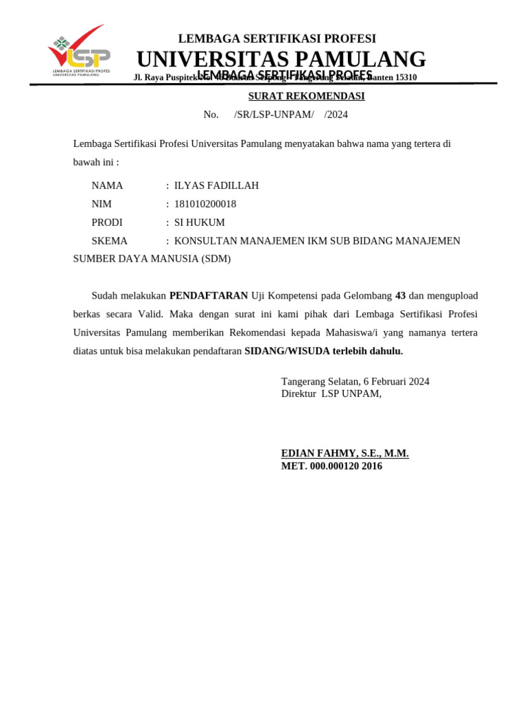 surat rekomendasi LSP-Ilyas Fadillah-181010200018 | PDF