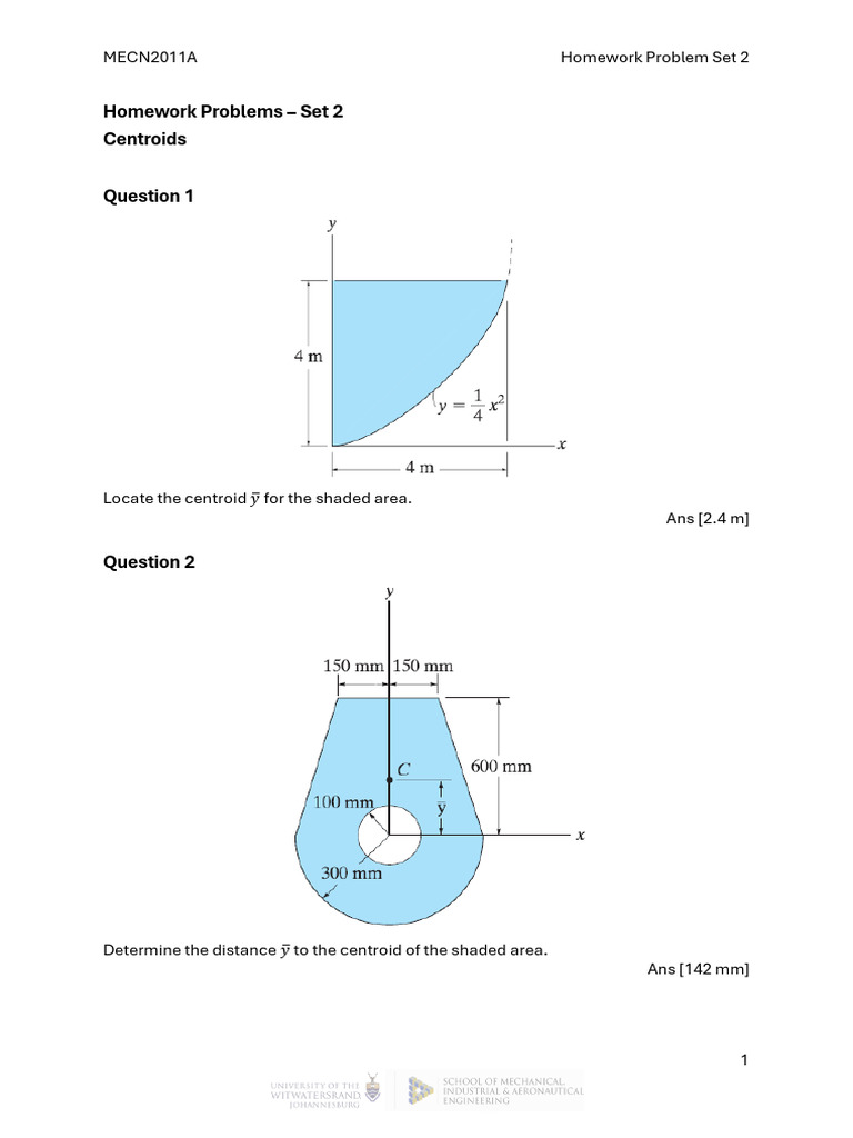 Homework Problems Set 2 - Centroids | PDF