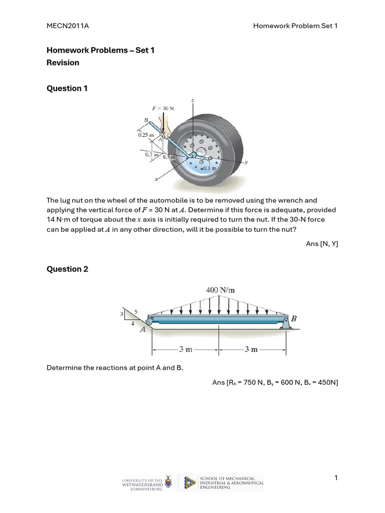 Homework Problems Set 1 - Revision | PDF | Force | Beam (Structure)