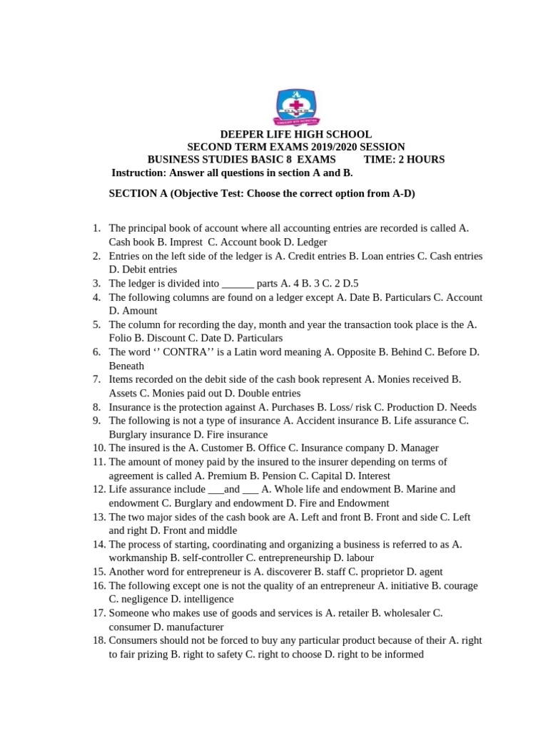 JS2 Business Studies Exams 2ND Term 2019-2020 Session | PDF | Debits And Credits | Insurance