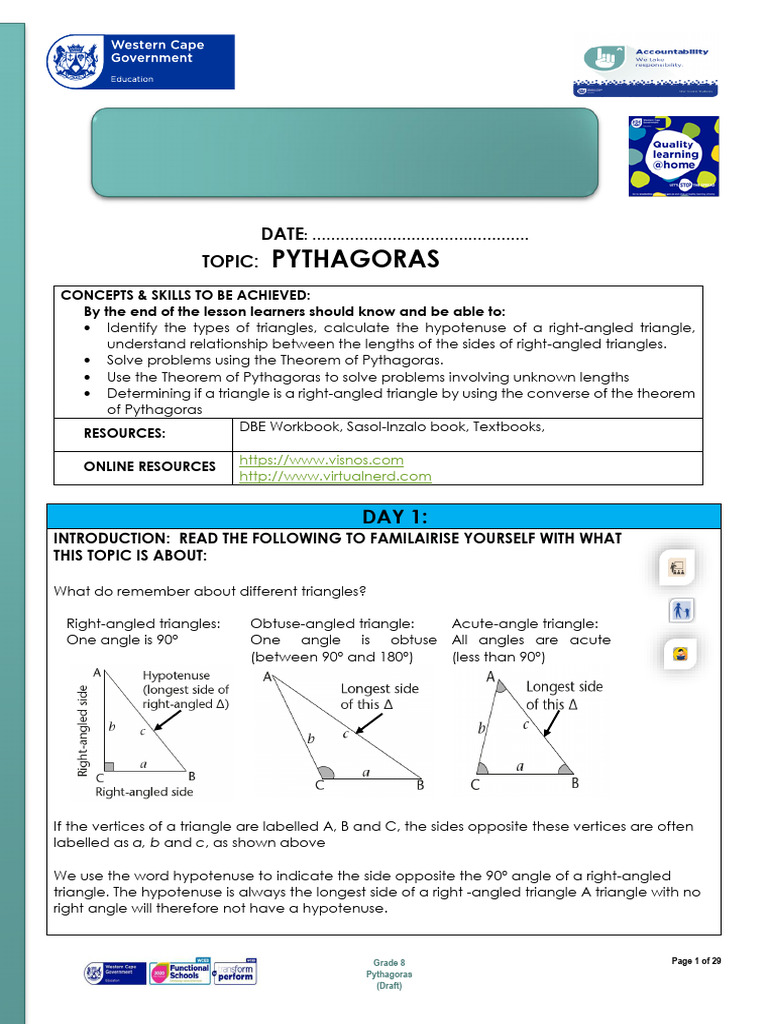 Lesson Plan Gr. 8 Mathematics Pythagoras | PDF | Triangle | Mathematics