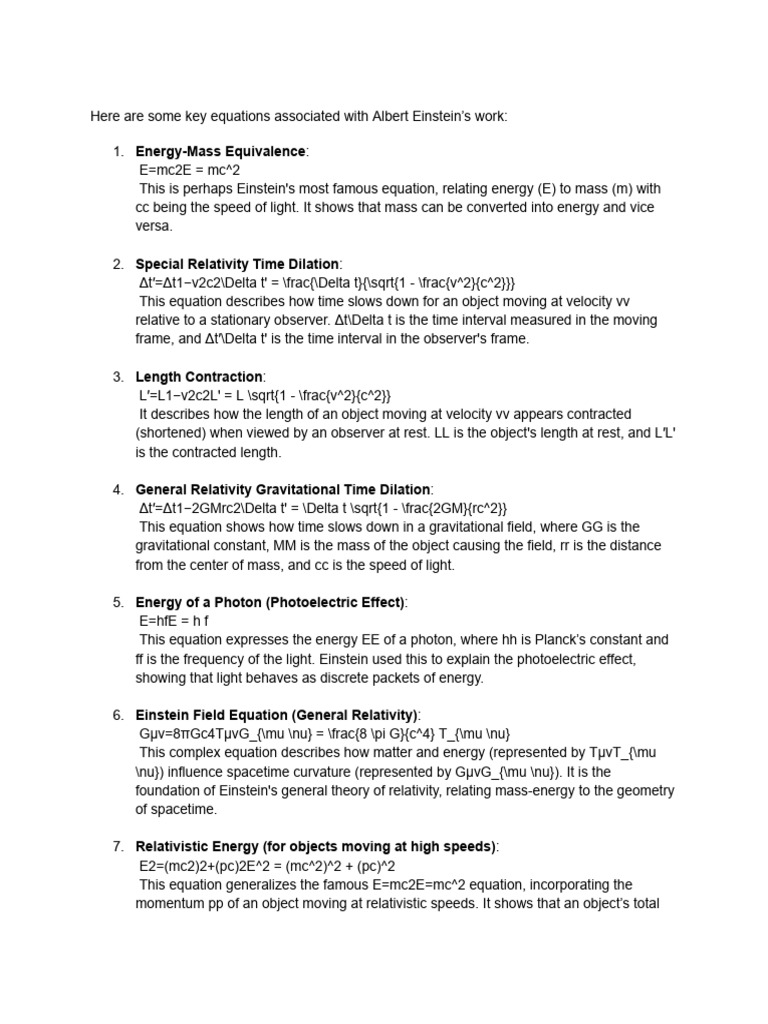Einstein's Key Physics Equations | PDF | General Relativity | Theory Of ...