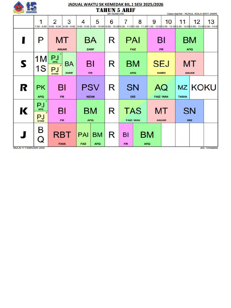 Contoh Jadual Kelas Pdf