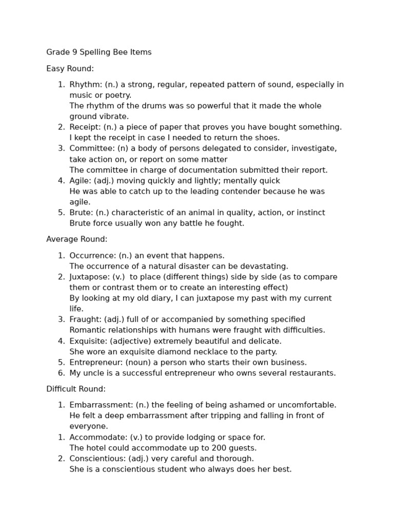 Grade 9 Spelling Bee Items | PDF