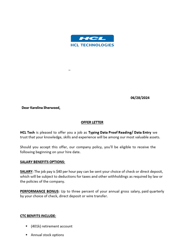 HCL Tech Job Offer: Data Entry Position | PDF | Proofreading | Business