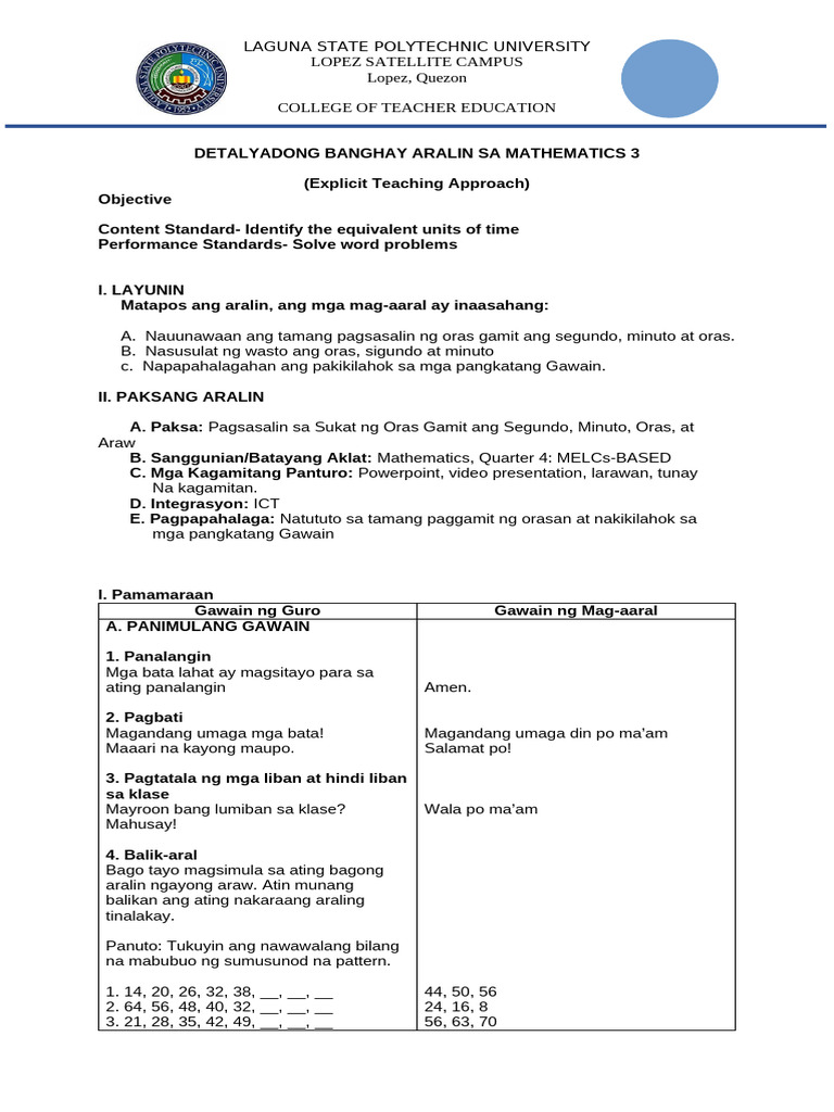 Banghay Aralin Sa Mathematics 3 Jarino Beed 2a | PDF