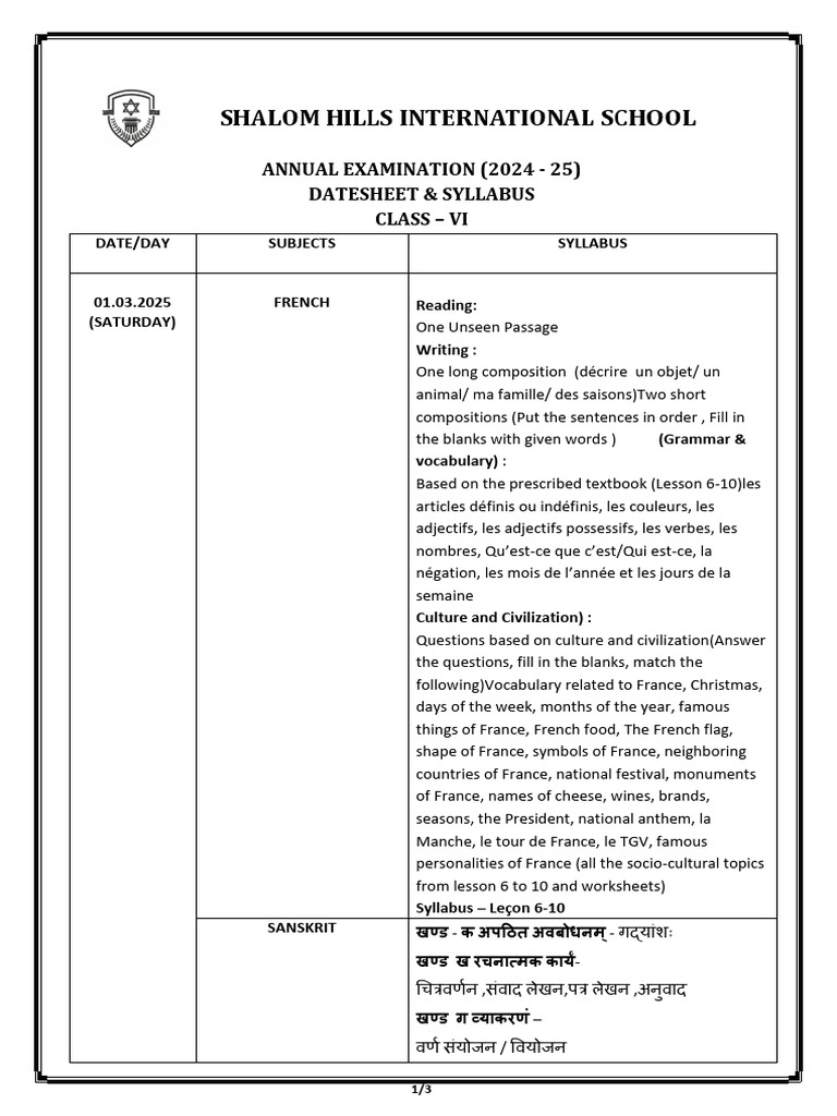Class VI Syllabus and Datesheet | PDF