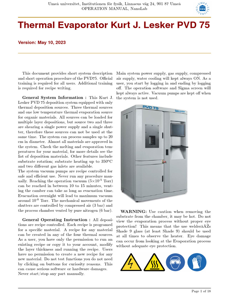 Thermal Evaporator Kurt J. Lesker PVD 75 | PDF | Silicon Dioxide | Titanium