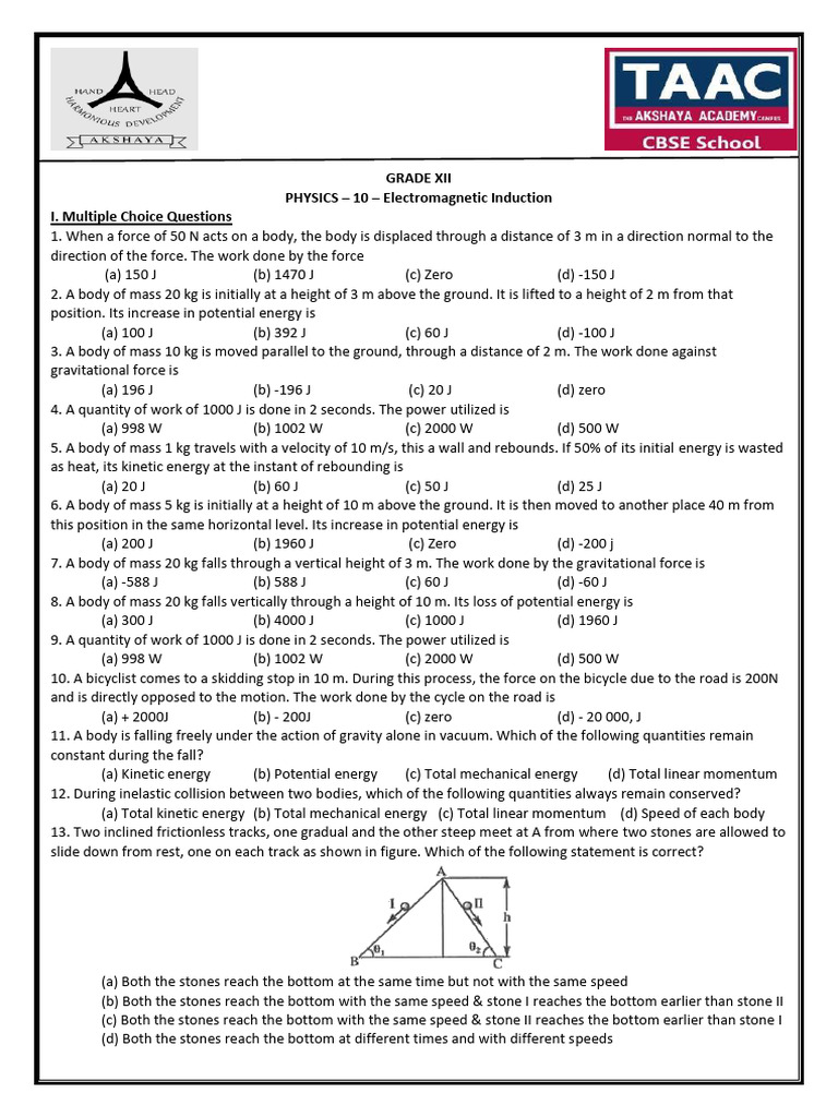 Grade XI Work Energy Sliptest 9 | PDF | Force | Potential Energy
