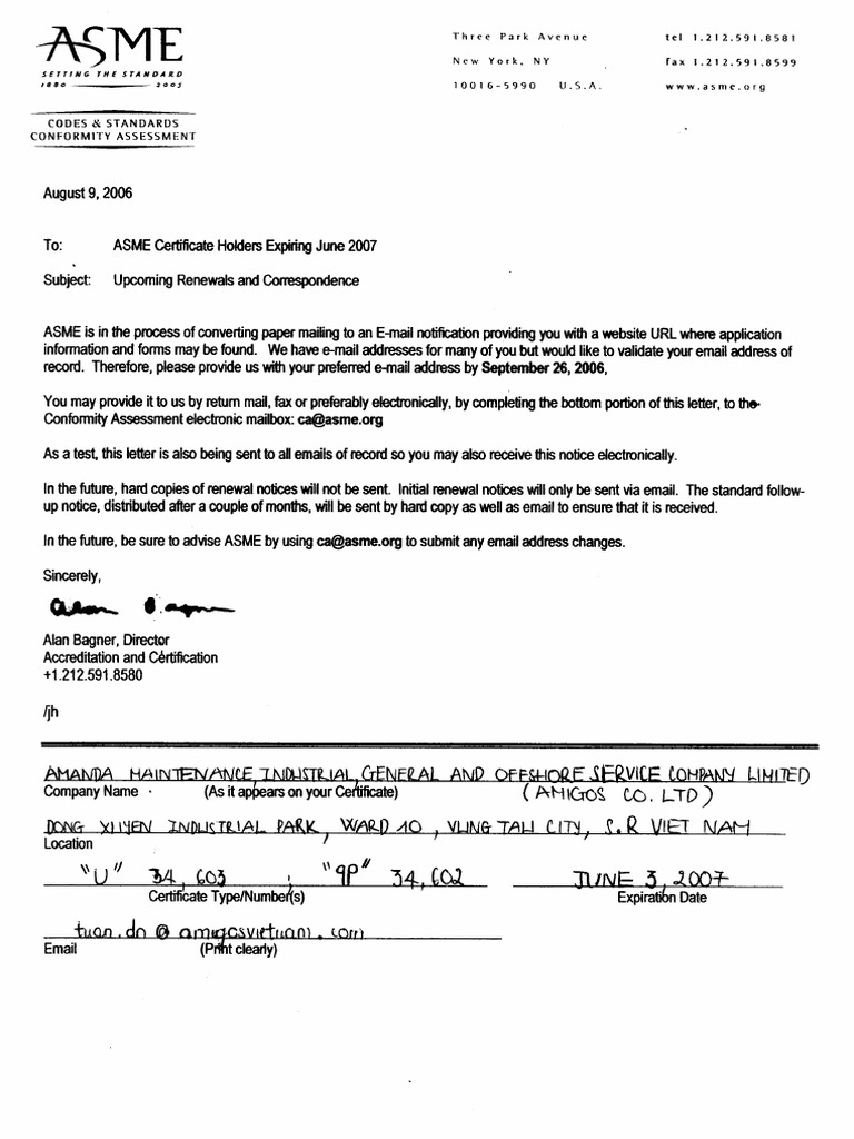update ASME Cert. | PDF