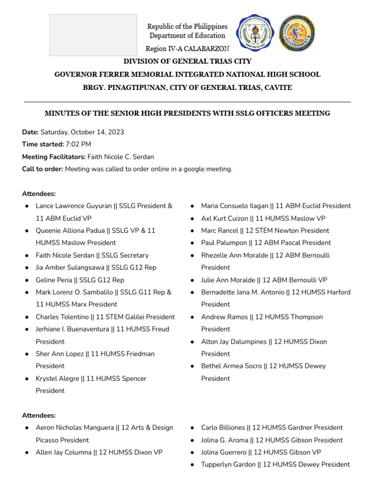 Senior High SSLG Meeting Minutes | PDF